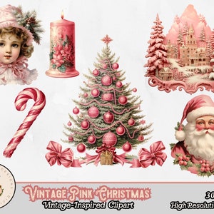 Pink Christmas Clipart, Vintage Pink Christmas PNG, Pink Winter Clipart ...