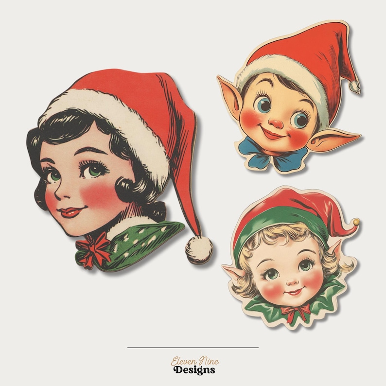 Vintage Christmas Elf Faces PNG Clipart, Elf Doll Heads Graphics, Retro ...