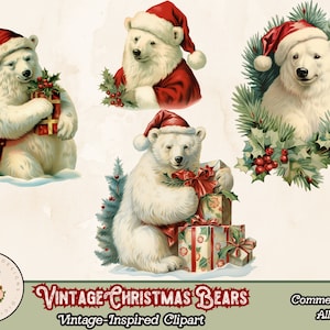 Christmas Bear Clipart, Teddy Bear PNG, Vintage Christmas Clipart, Cute ...