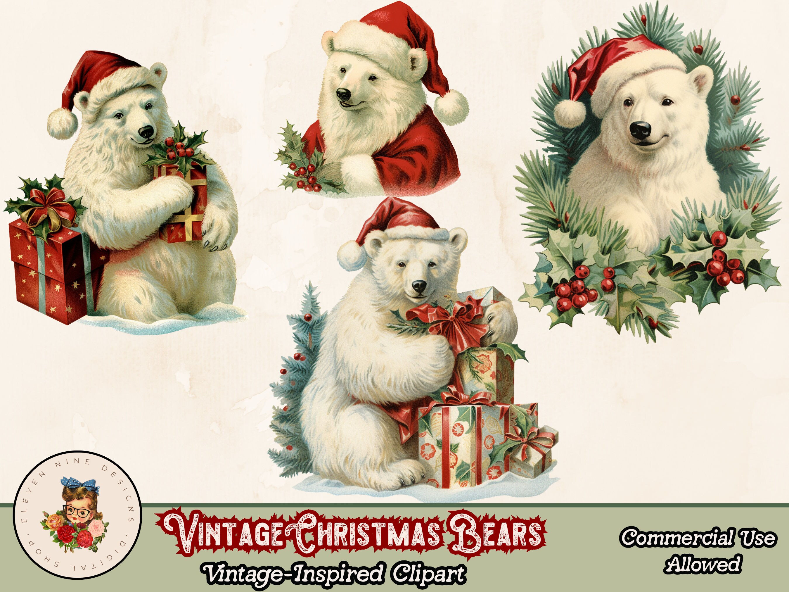 Christmas Bear Clipart, Teddy Bear PNG, Vintage Christmas Clipart, Cute ...