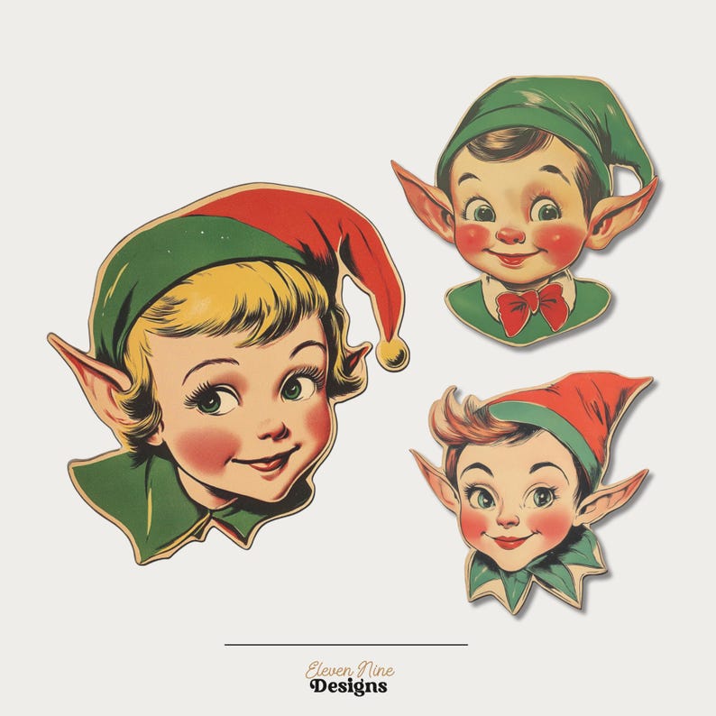 Vintage Christmas Elf Faces PNG Clipart, Elf Doll Heads Graphics, Retro ...