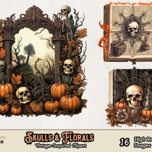 Floral Skull PNG Clipart, Orange Flowers Halloween Clipart, Gothic ...