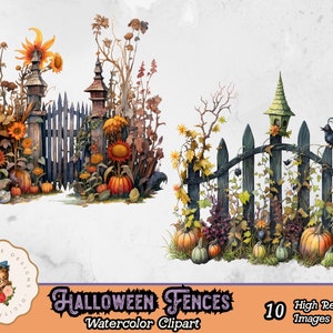 Watercolor Fences Clipart, Halloween Fall Garden Fences, Fall Floral ...