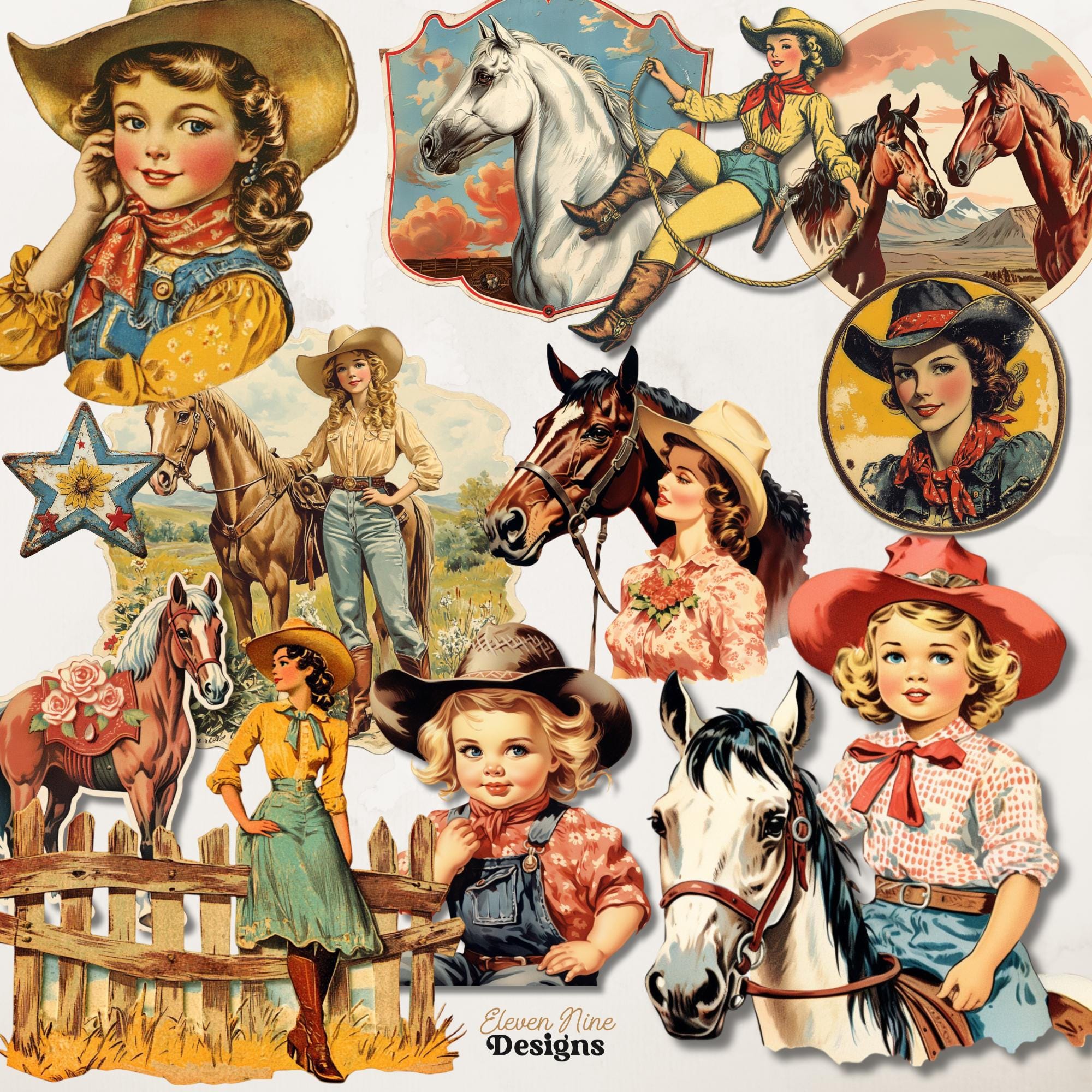 Vintage Cowgirl Clipart, Western Theme Graphics, Retro Cowgirl ...