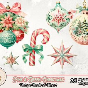 Vintage Christmas Clipart, Mint Green and Pink, Retro Pastel Christmas ...