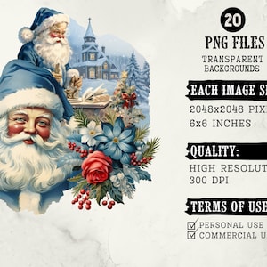 Blue Christmas Clipart, Vintage Blue Santa Christmas PNG, Blue Winter ...