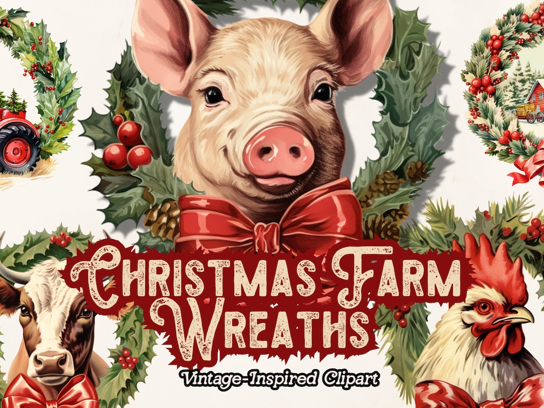 Vintage Christmas Farm Clipart, Christmas Farm Animal PNG, Farmhouse ...