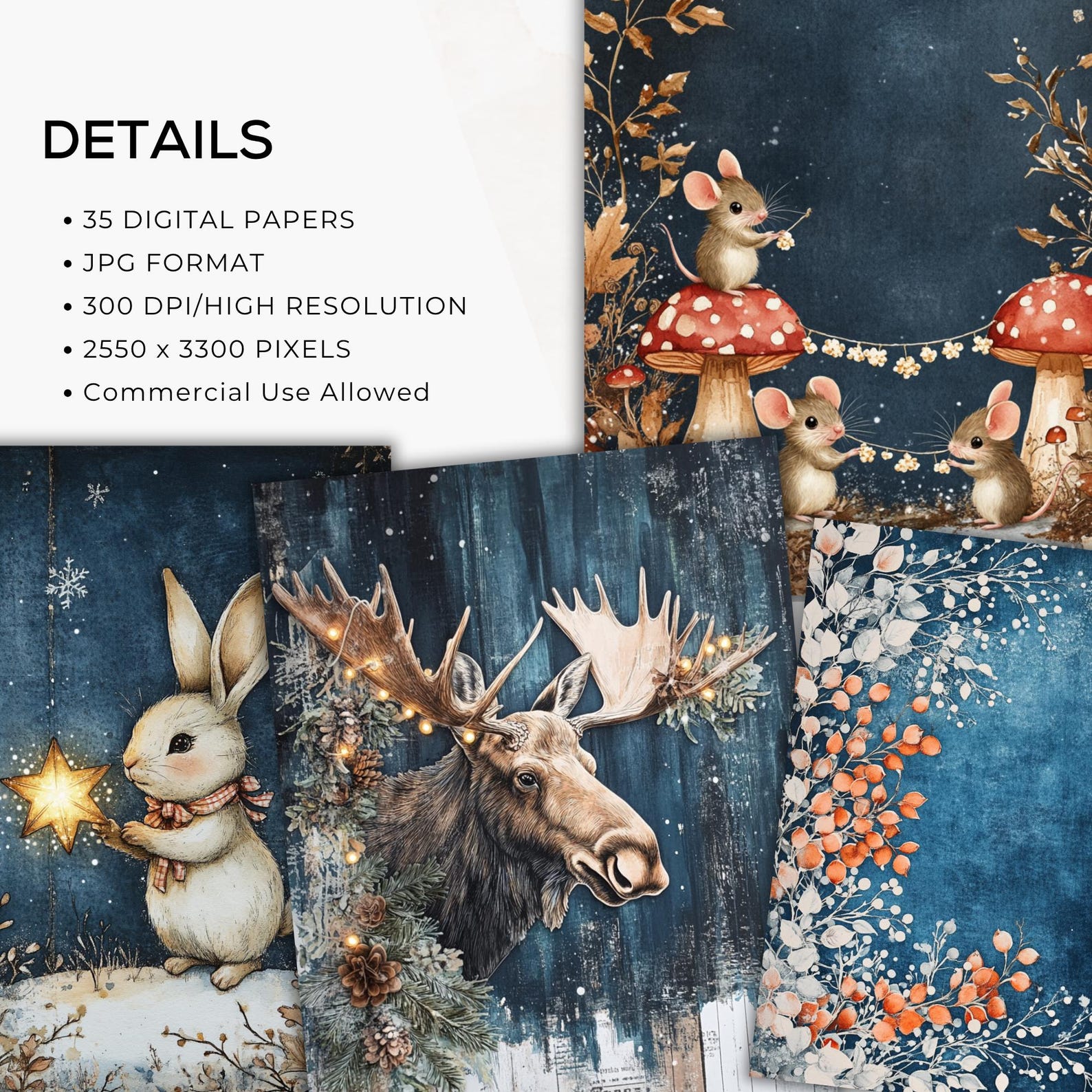 Silent Night Snowy Forest Digital Paper, Woodland Blue Christmas ...