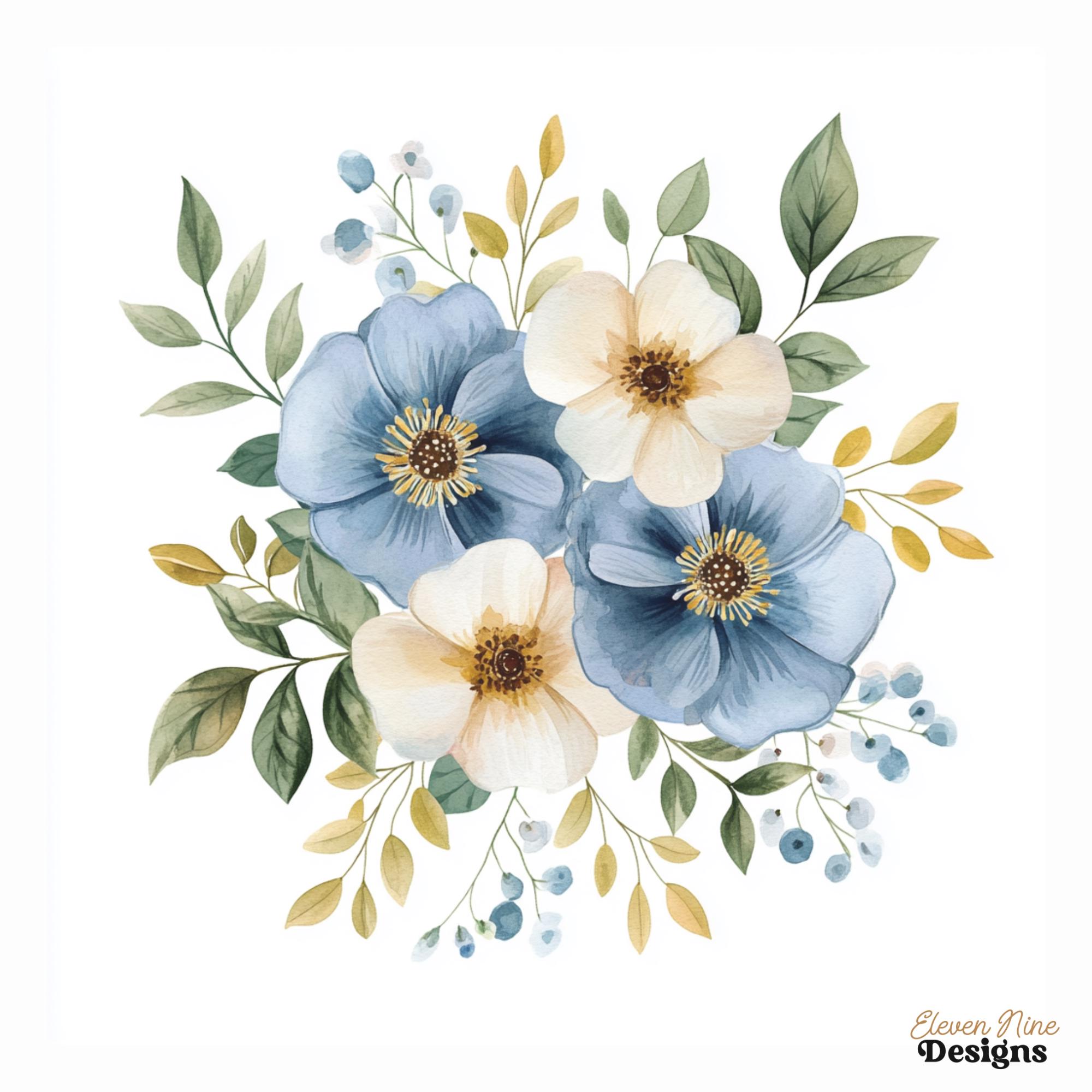 Blue Floral JPG Clipart, Vintage Blue Botanical Graphics, Wildflower ...