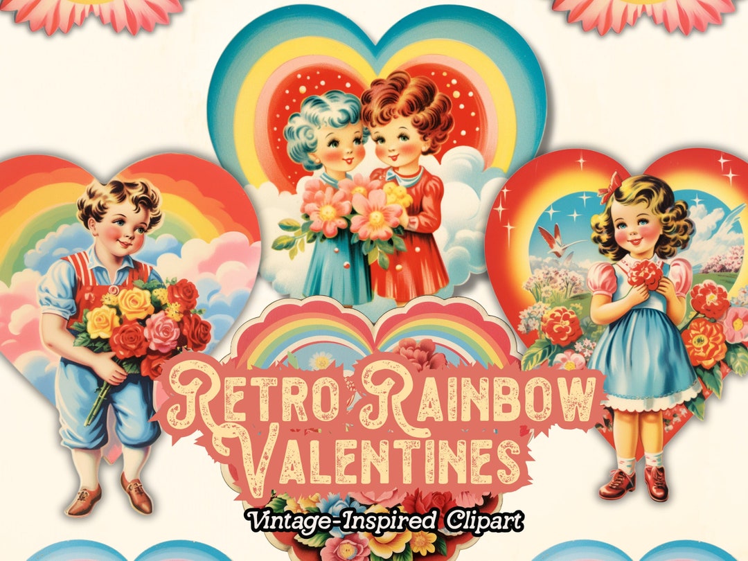 Rainbow Valentines Clipart, Valentine's Day Clipart, Retro Rainbow PNG ...