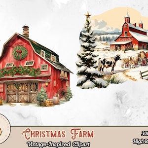 Vintage Christmas Farm Clipart, Christmas Farm Animal PNG, Farmhouse ...