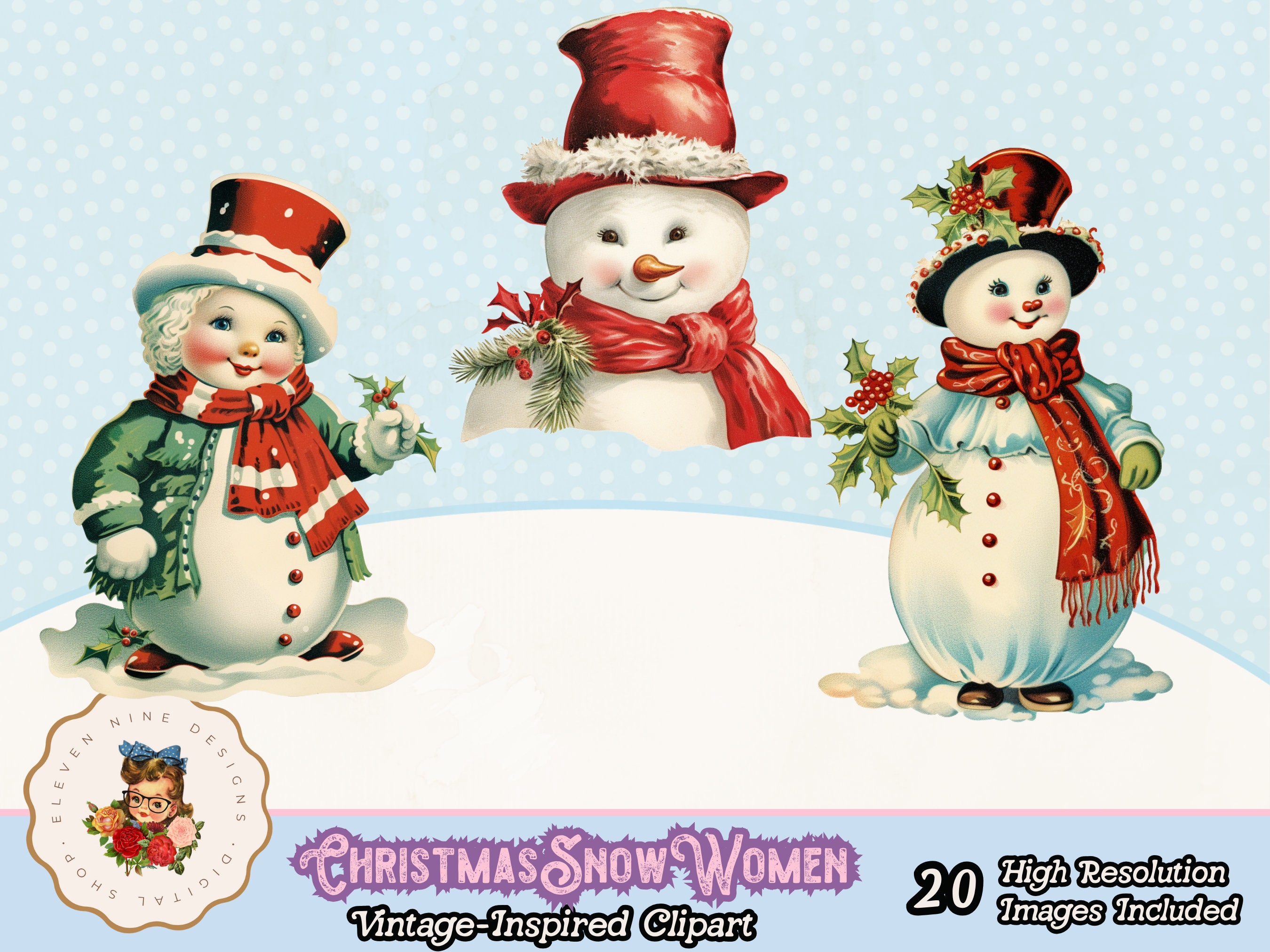 Christmas Snowmen Digital Clipart, Cute Snowmen Clipart PNG, Vintage ...