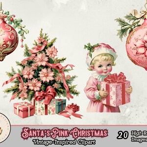 Pink Christmas Clipart, Vintage Pink Christmas PNG, Pink Winter Clipart ...