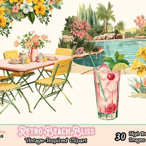 Retro Summer Clipart, Beach Clipart, Summer PNG, Pool Clipart, Retro ...
