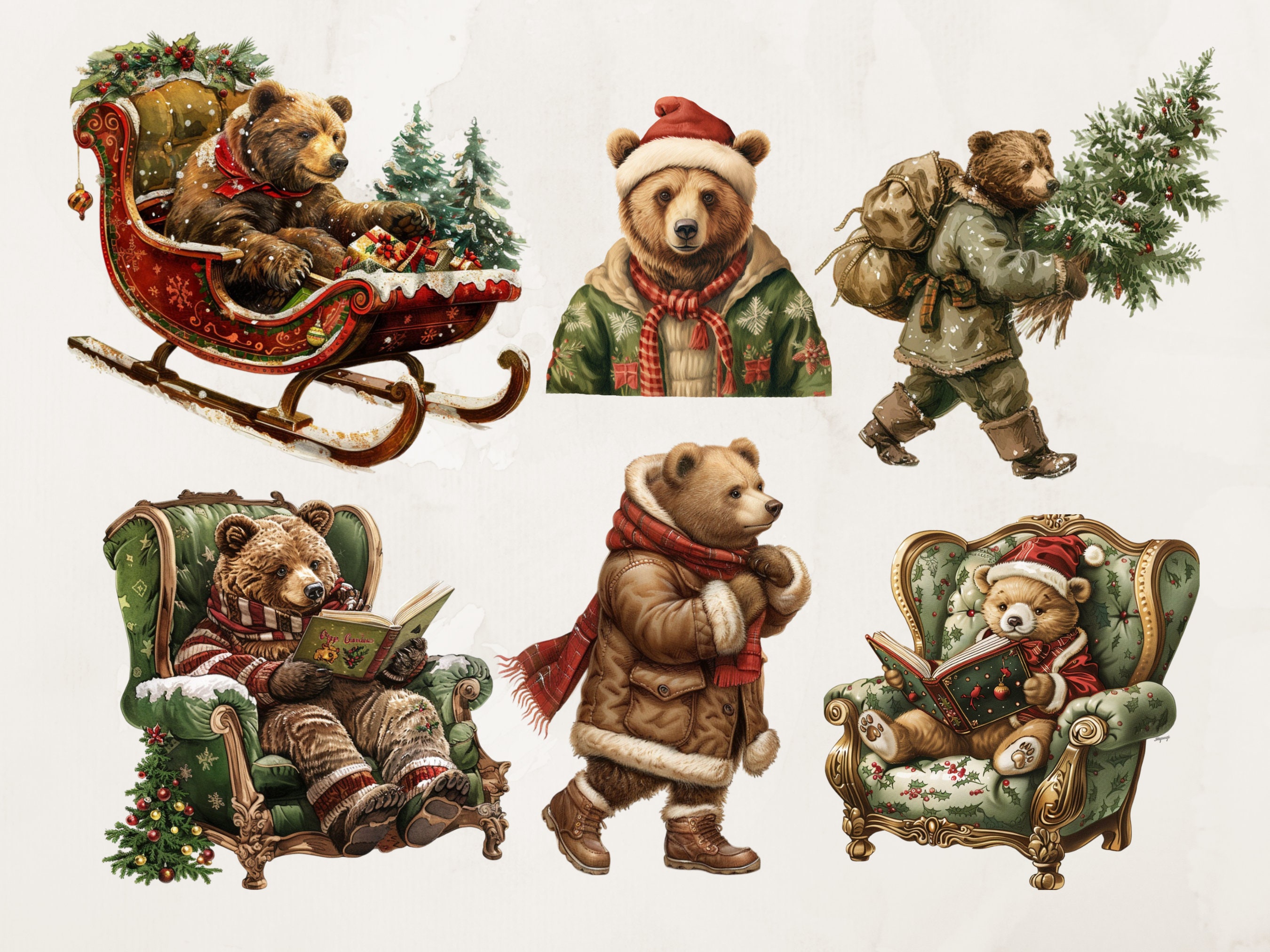 Vintage Christmas Bears Clipart, Retro Holiday Animal Pngs, Cozy Winter ...