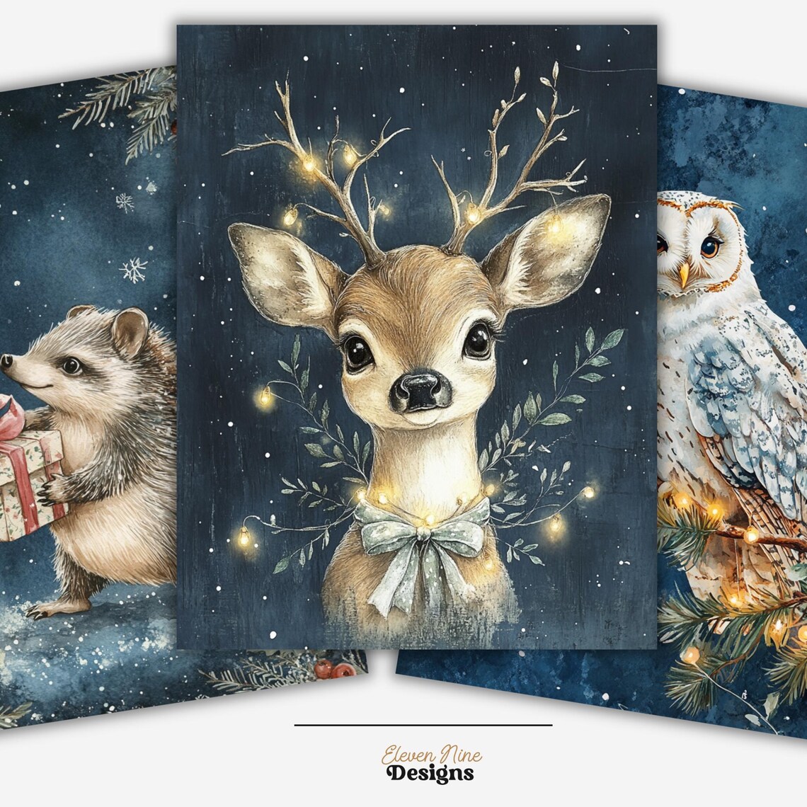 Silent Night Snowy Forest Digital Paper, Woodland Blue Christmas ...