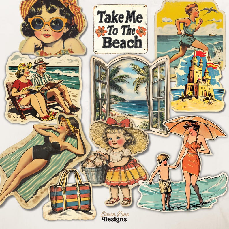 Retro Beach Clipart, Vacation Theme Graphics, Vintage Beach ...