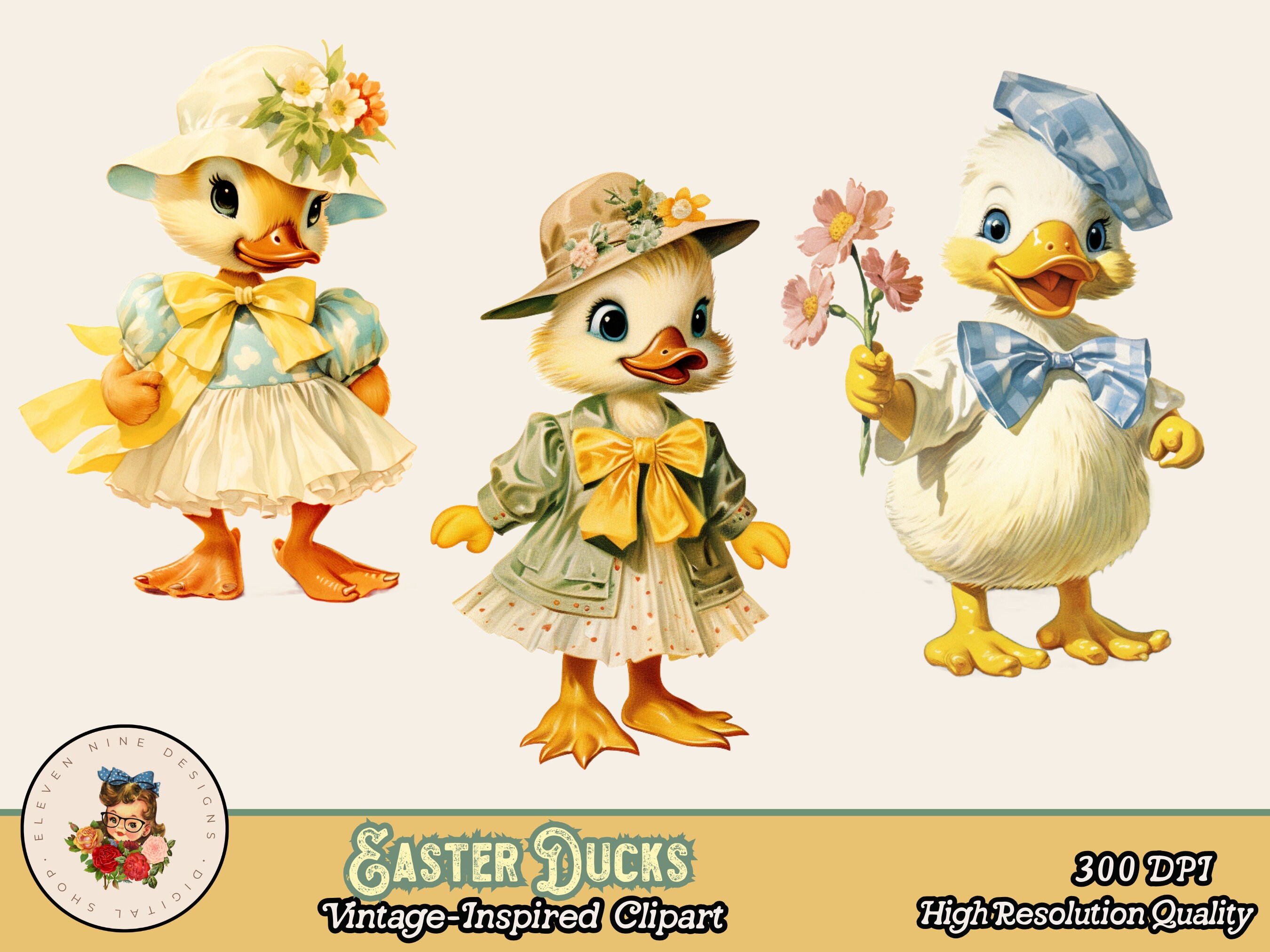 Easter Duck Clipart, Vintage Yellow Ducks PNG, Duckling Clipart, Floral ...