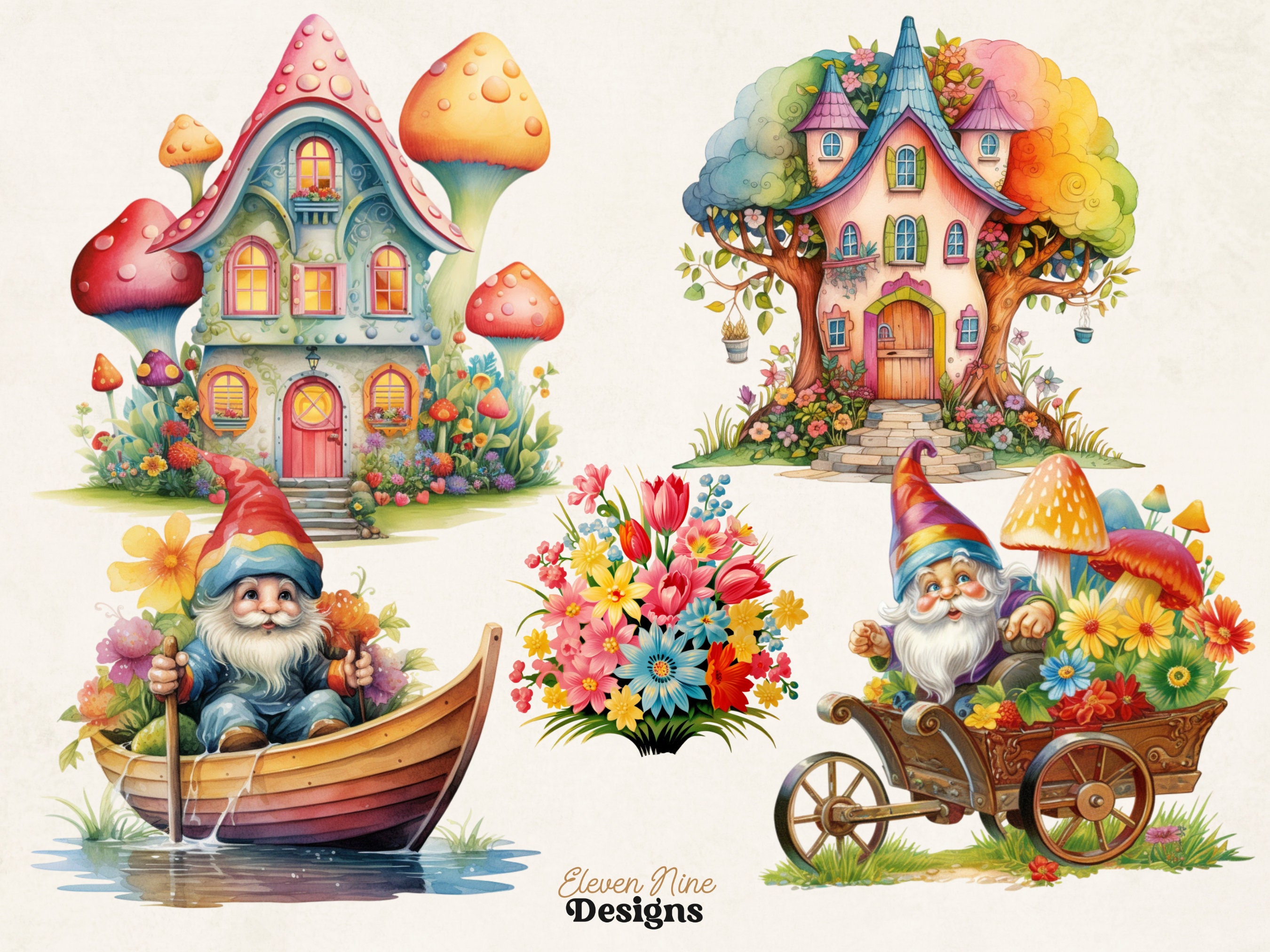 Rainbow Gnomes Clipart, Cute Gnome PNG, Rainbow Clipart, Floral and ...