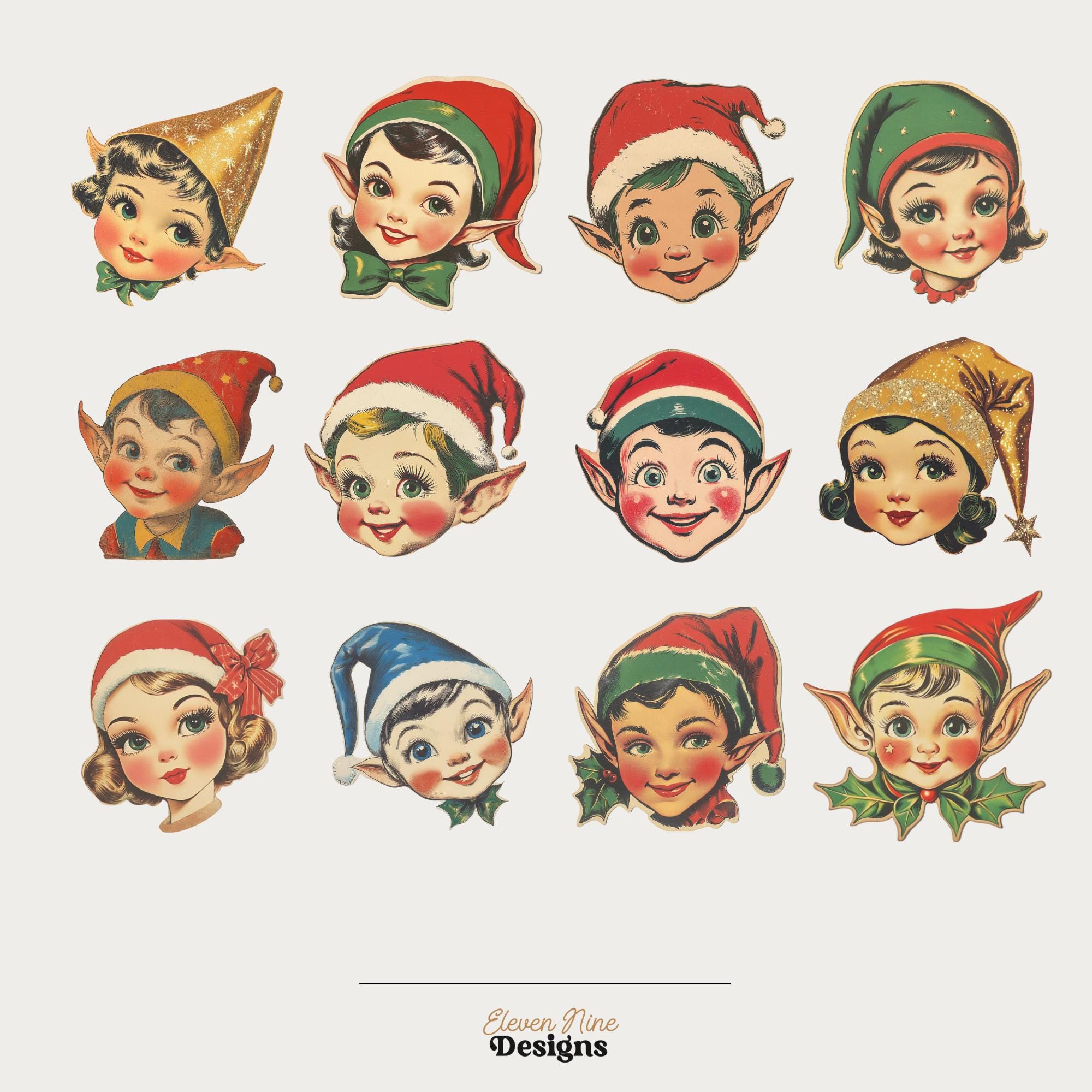 Vintage Christmas Elf Faces PNG Clipart, Elf Doll Heads Graphics, Retro ...