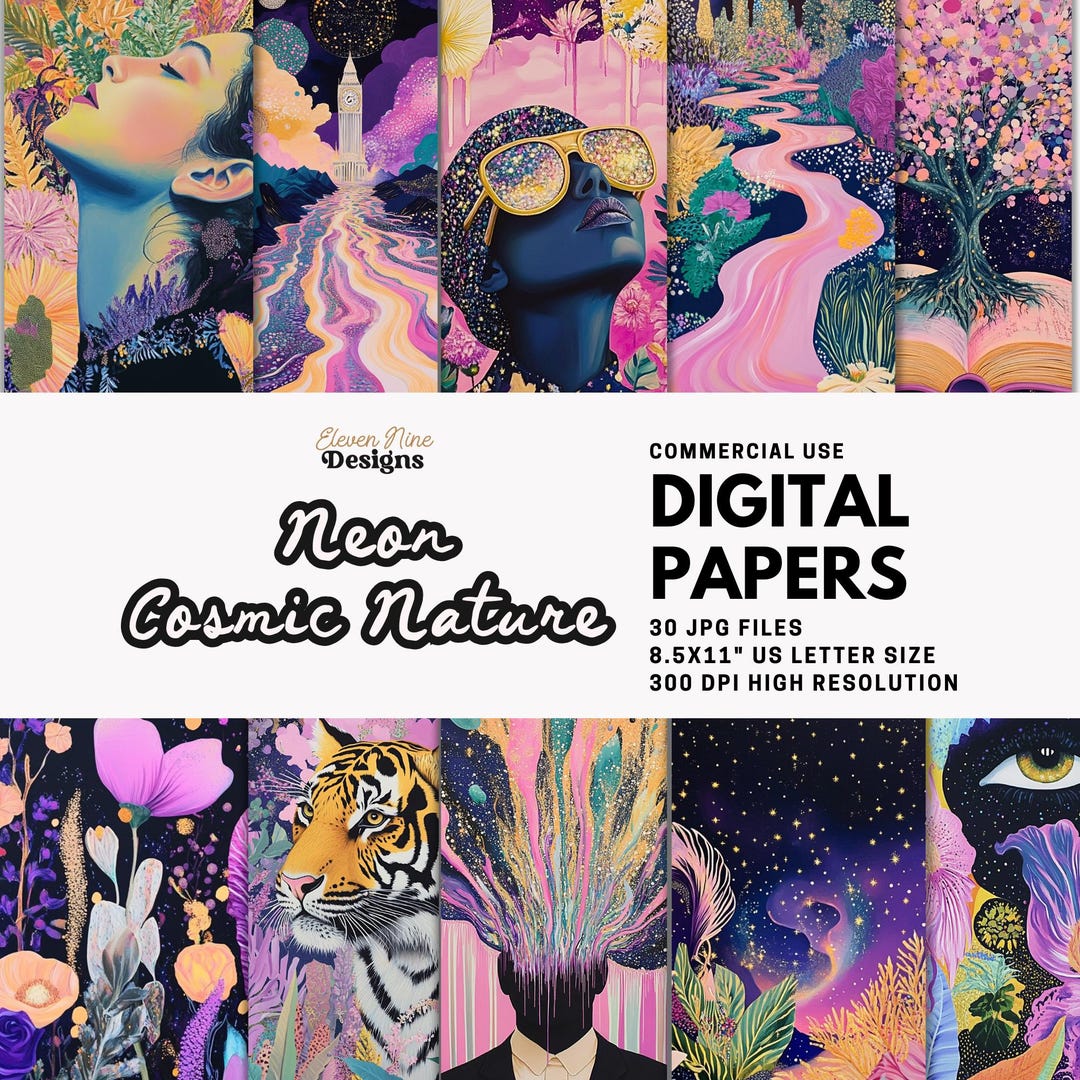 Neon Cosmic Nature Digital Paper | Surreal Dreamscape, Galaxy Fantasy ...