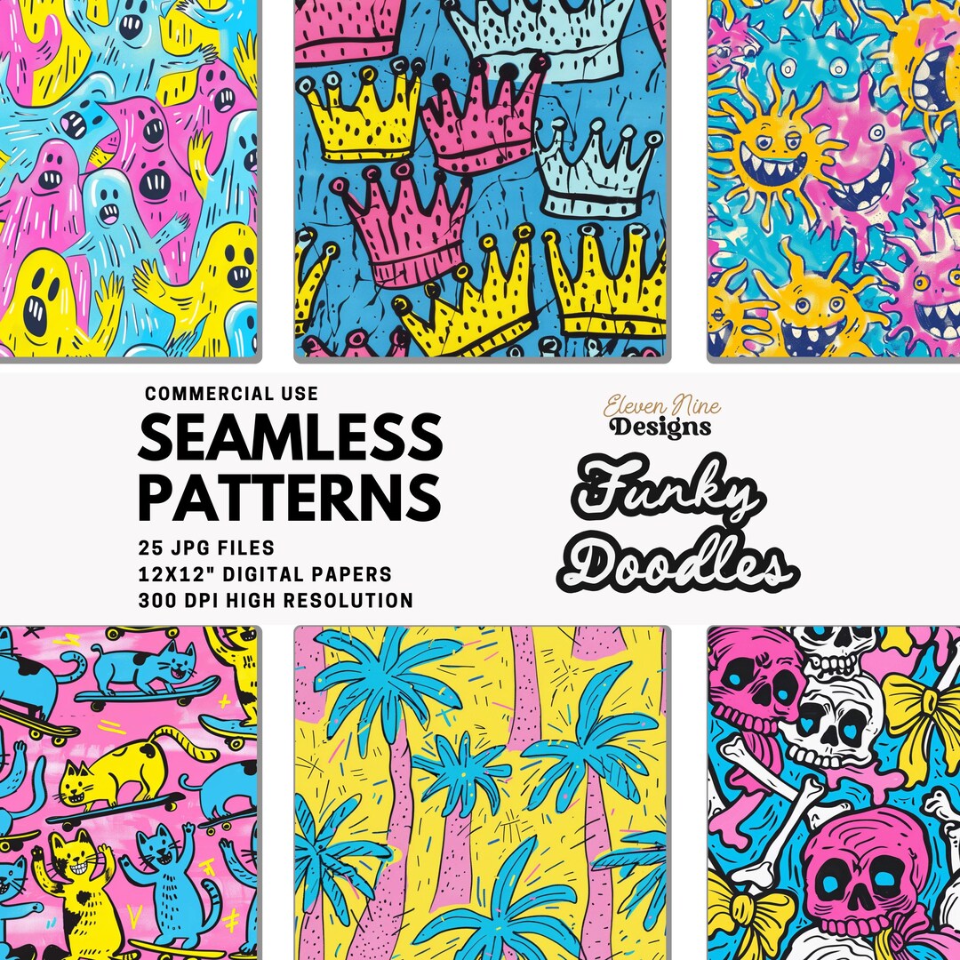 Funky Doodle Seamless Patterns, Neon Quirky Digital Papers, Bright ...