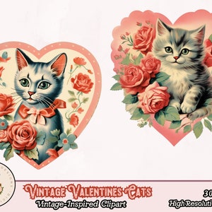 Valentines Cats Clipart, Kitten PNG, Vintage Valentines Clipart, Hearts ...