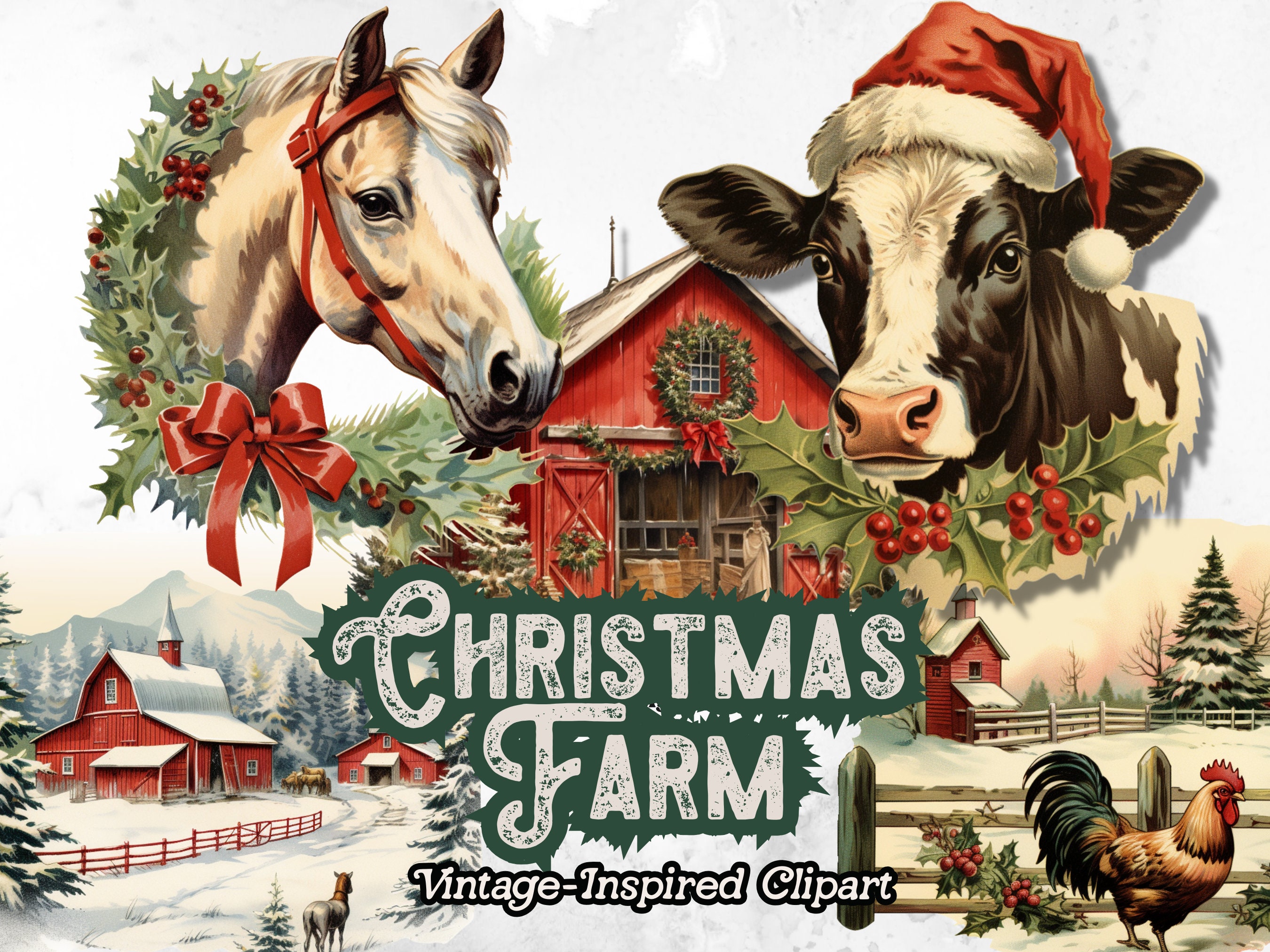 Vintage Christmas Farm Clipart, Christmas Farm Animal PNG, Farmhouse ...