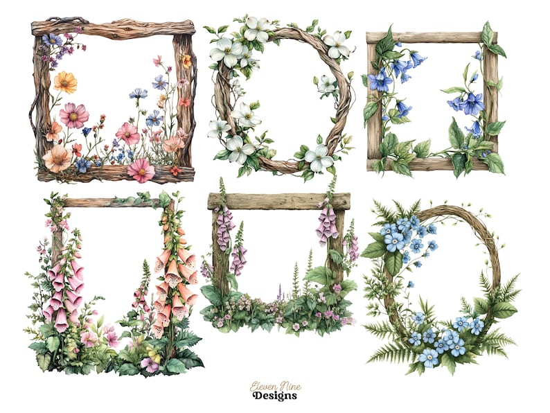 Botanical Rustic Frames Clipart, Woodland Floral Wildflower Frames PNG ...