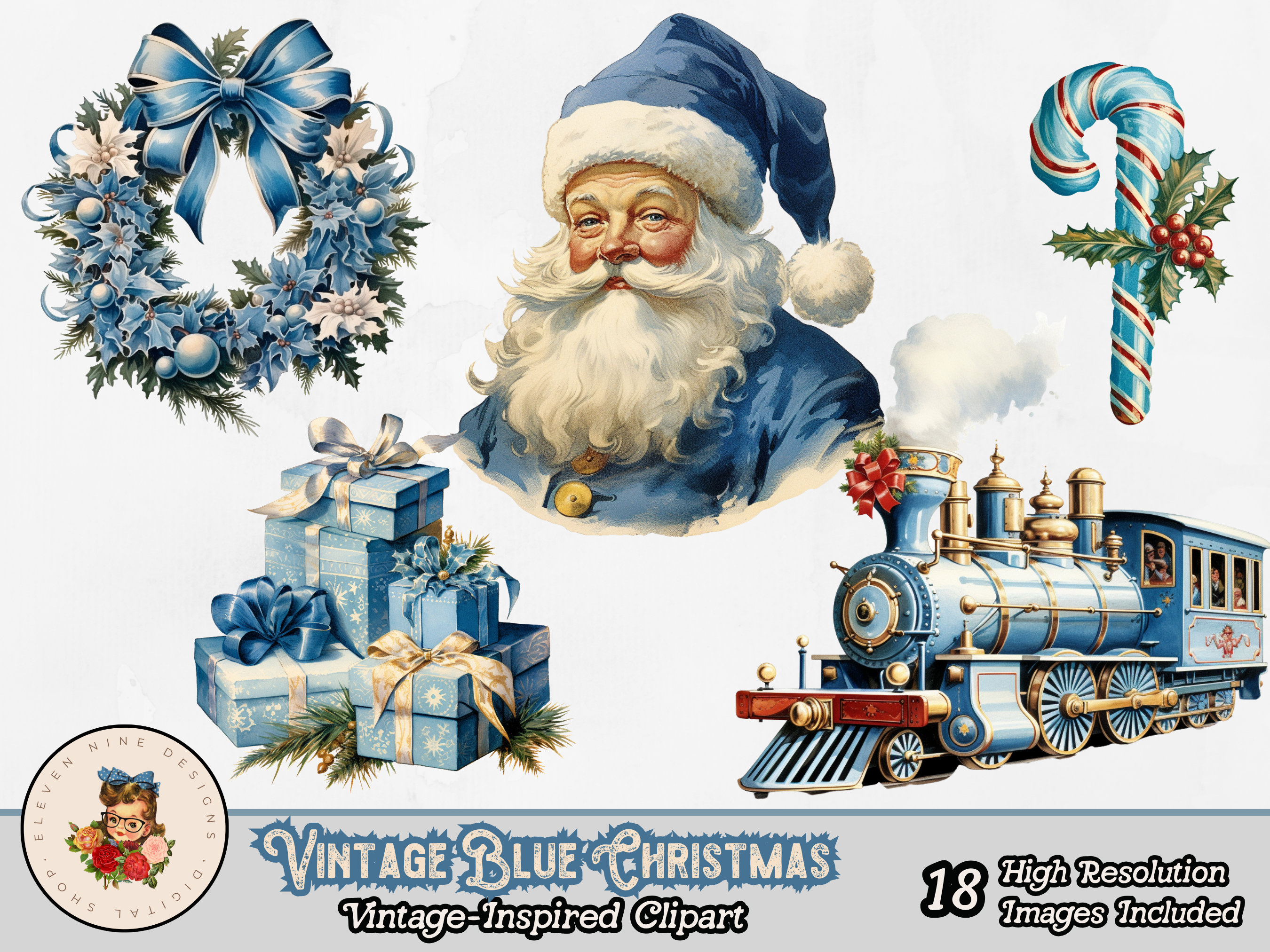 Blue Christmas Clipart, Vintage Blue Christmas PNG, Blue Winter Clipart ...