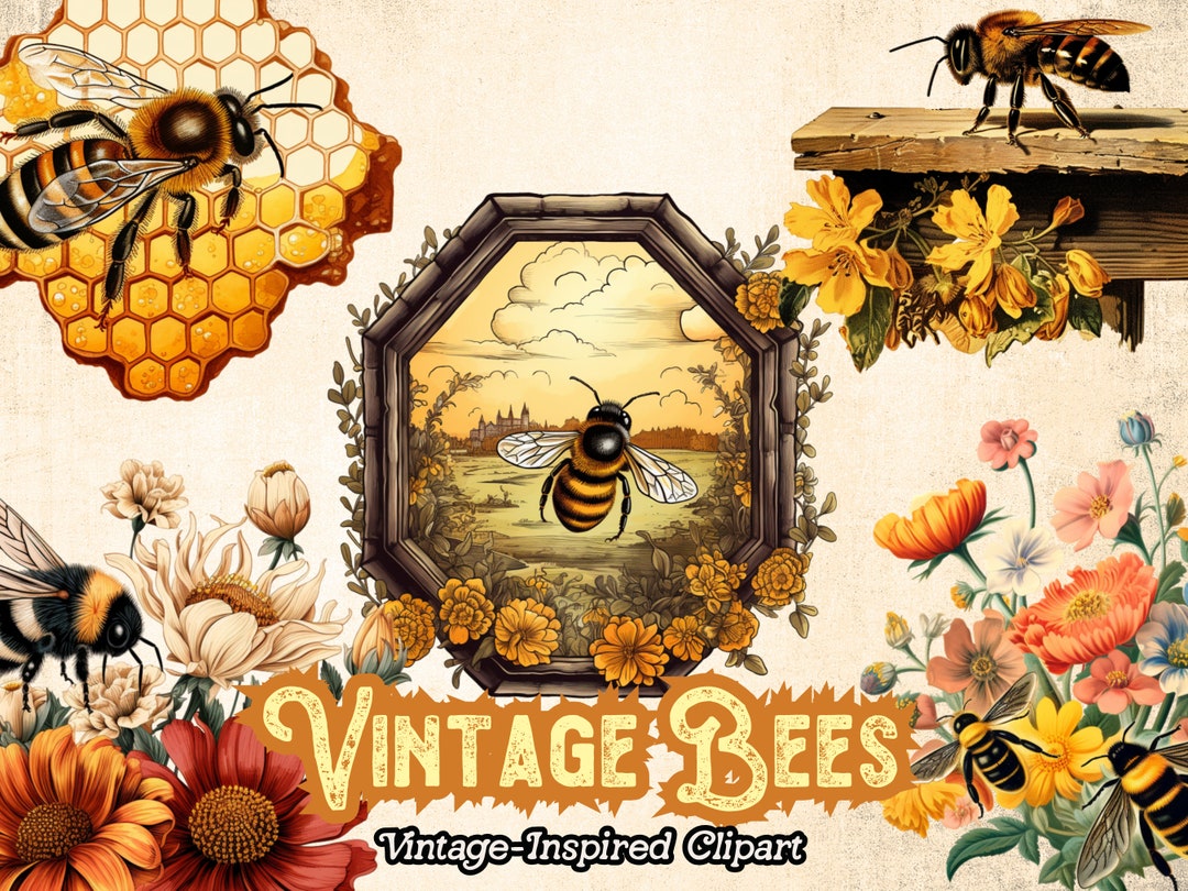 Bees Clipart, Bees and Flowers Clipart, Bee PNG, Vintage Bees Label ...
