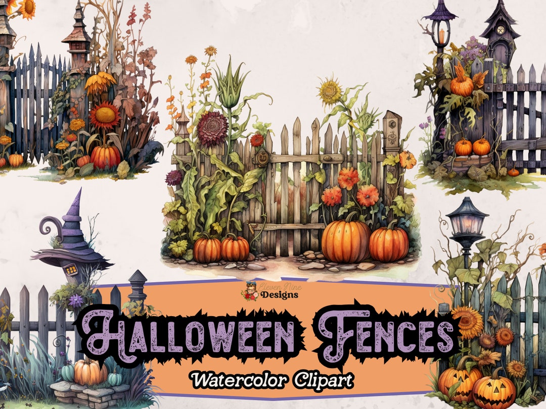 Watercolor Fences Clipart, Halloween Fall Garden Fences, Fall Floral ...