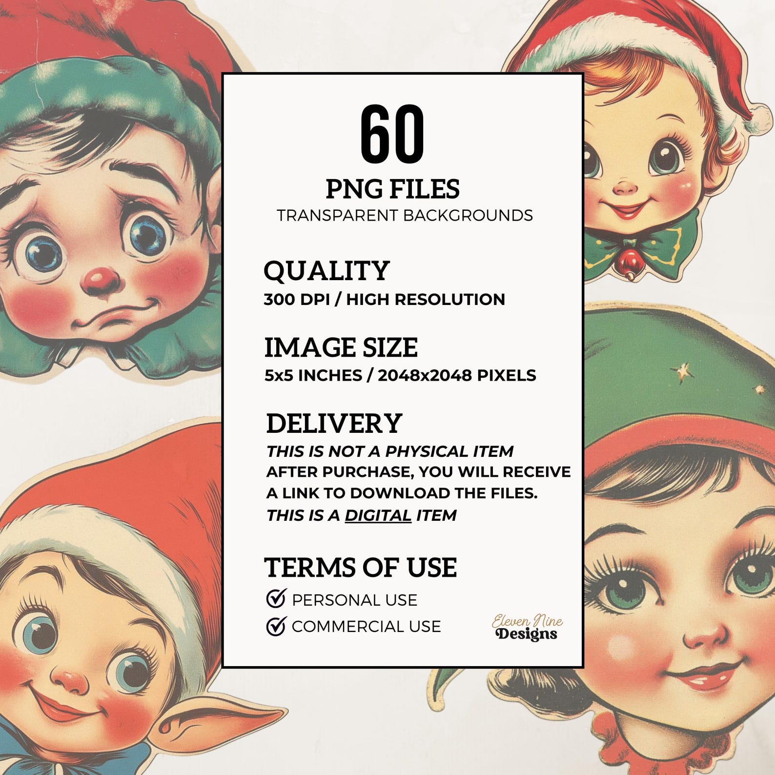 Vintage Christmas Elf Faces PNG Clipart, Elf Doll Heads Graphics, Retro ...