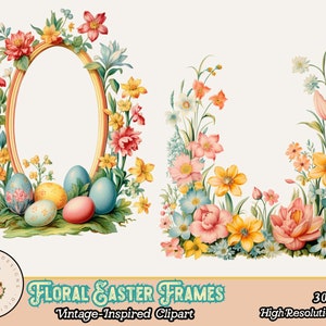 Floral Easter Frame Clipart, Easter Flowers PNG, Vintage Easter Clipart ...