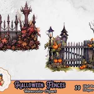 Watercolor Fences Clipart, Halloween Fall Garden Fences, Fall Floral ...