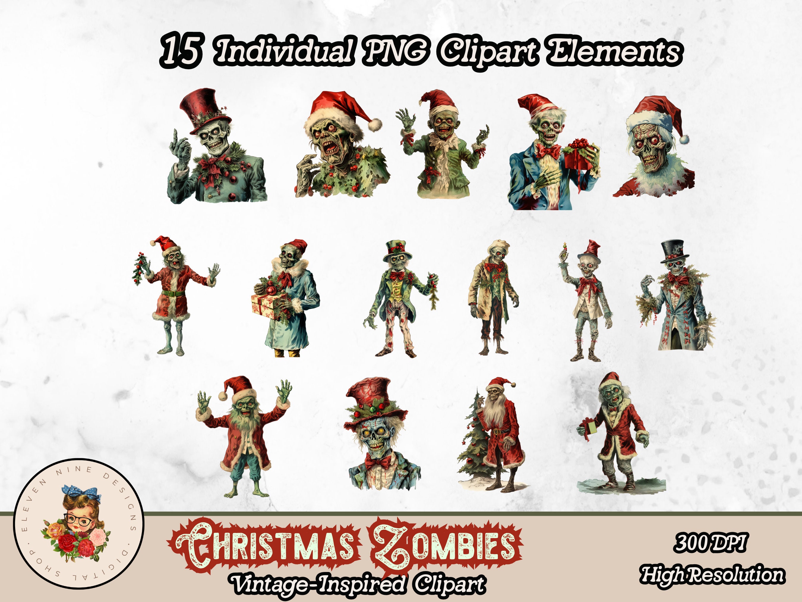 Vintage Christmas Clipart, Zombie PNG, Zombie Christmas Digital ...