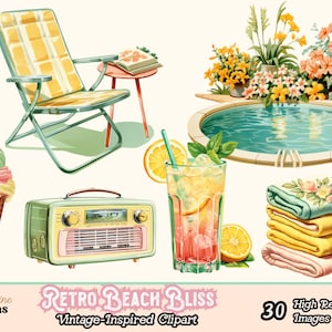 Retro Summer Clipart, Beach Clipart, Summer PNG, Pool Clipart, Retro ...