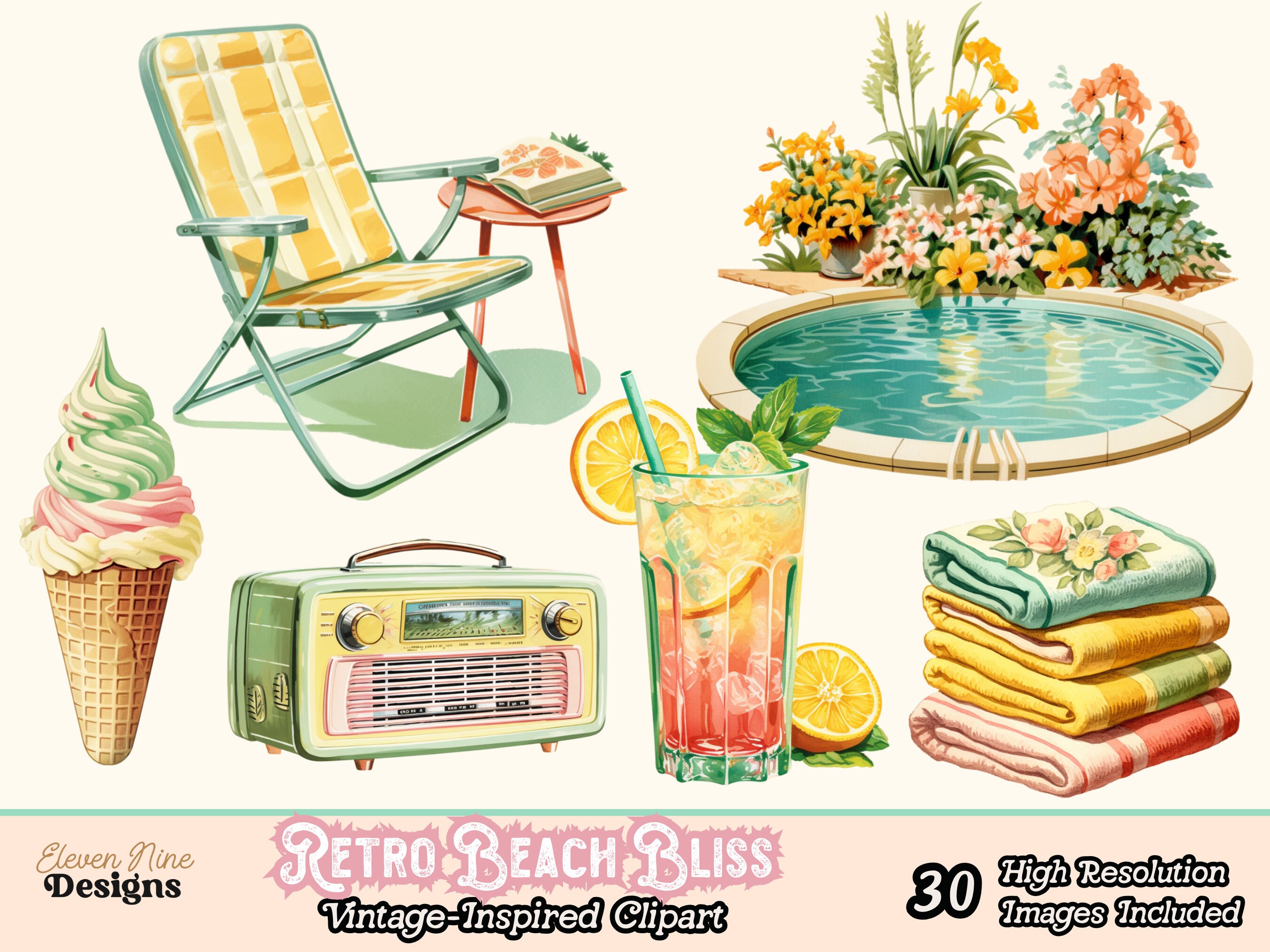 Retro Summer Clipart, Beach Clipart, Summer PNG, Pool Clipart, Retro ...
