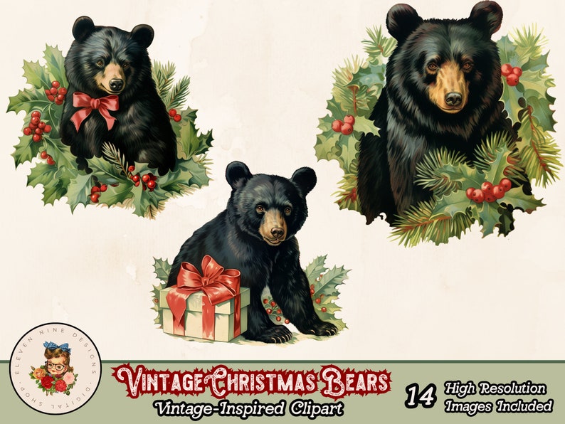 Christmas Bear Clipart, Teddy Bear PNG, Vintage Christmas Clipart, Cute ...