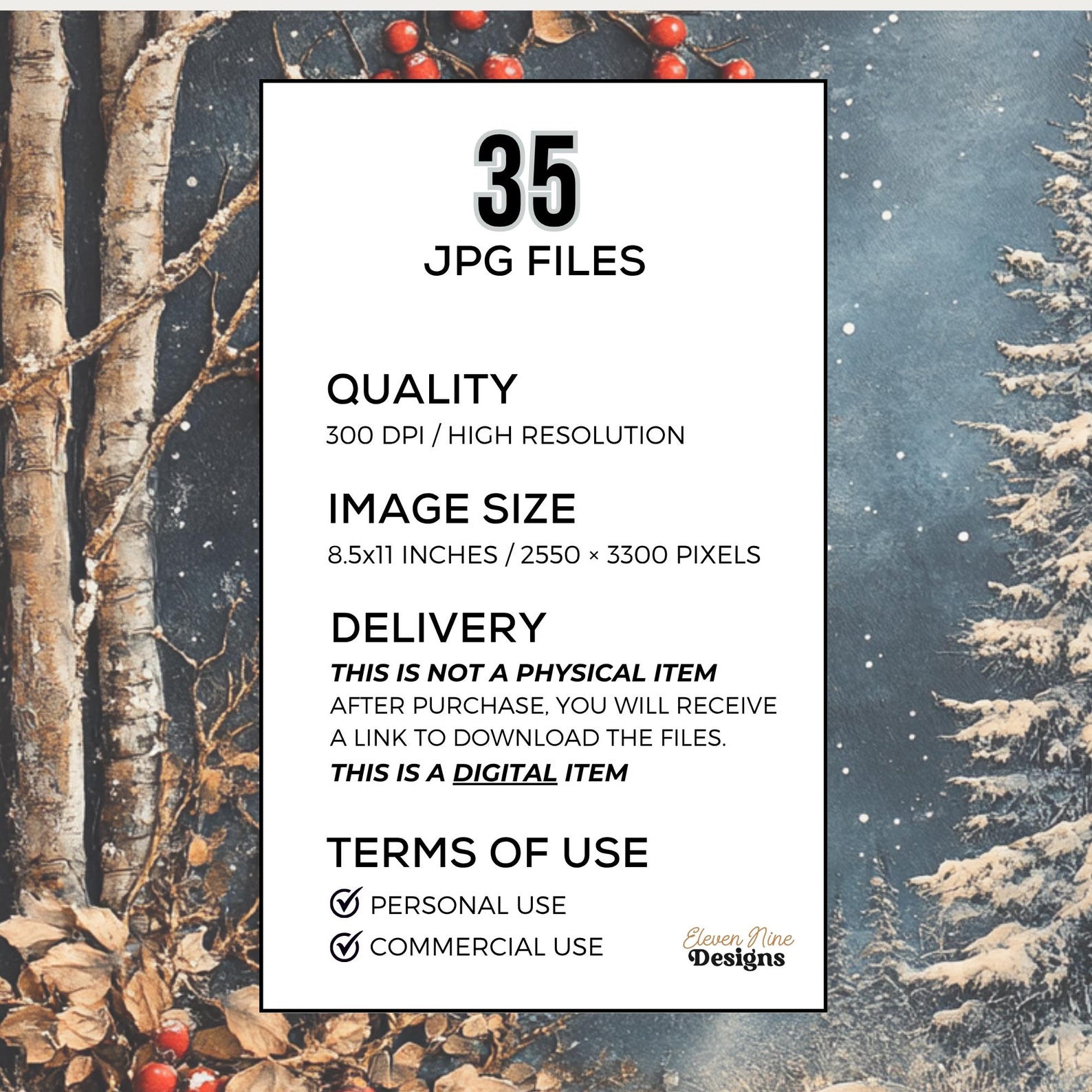 Silent Night Snowy Forest Digital Paper, Woodland Blue Christmas ...
