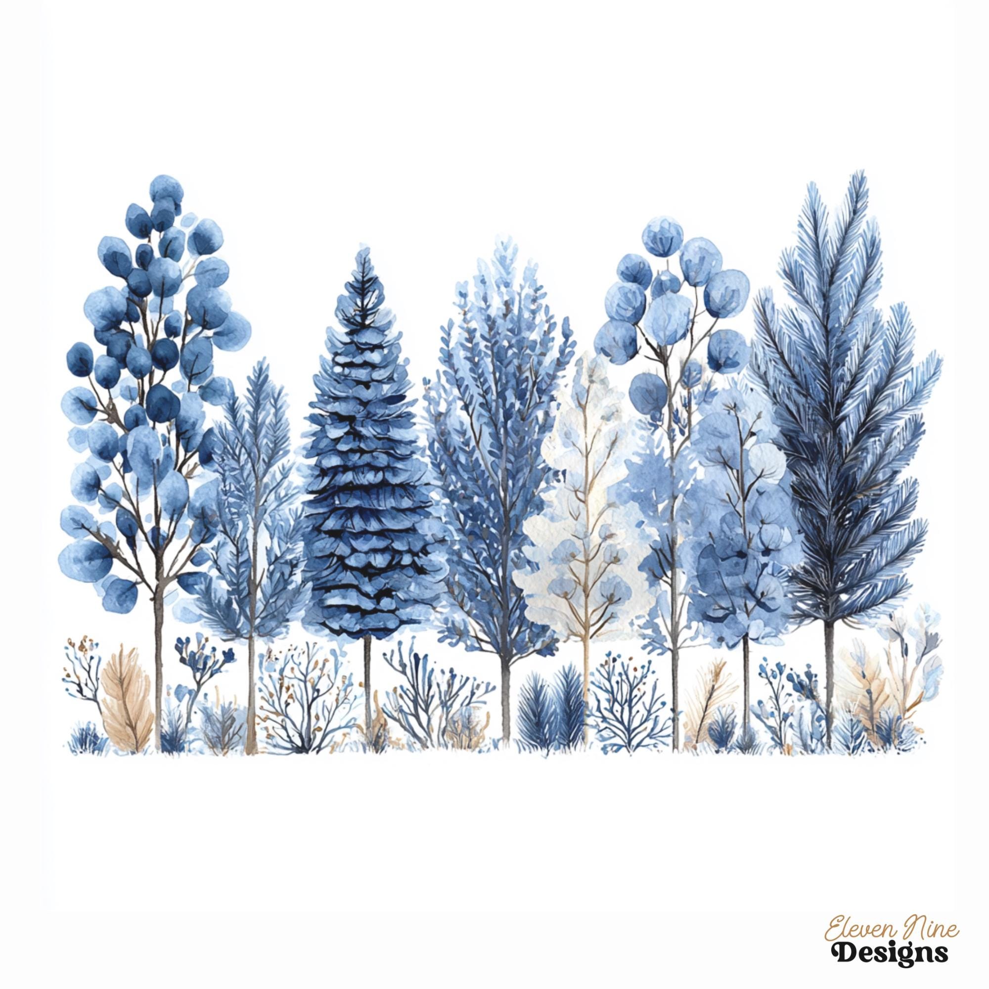 Blue Winter Trees Clipart, Watercolor Blue Trees, Frosted Forest Art ...