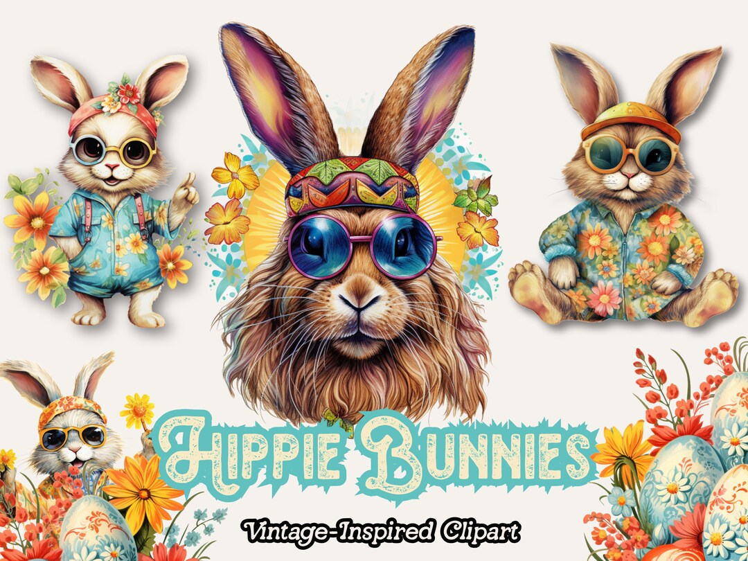 Retro Hippie Bunny Clipart, Hippie PNG, Retro 60's 70's Groovy Boho ...