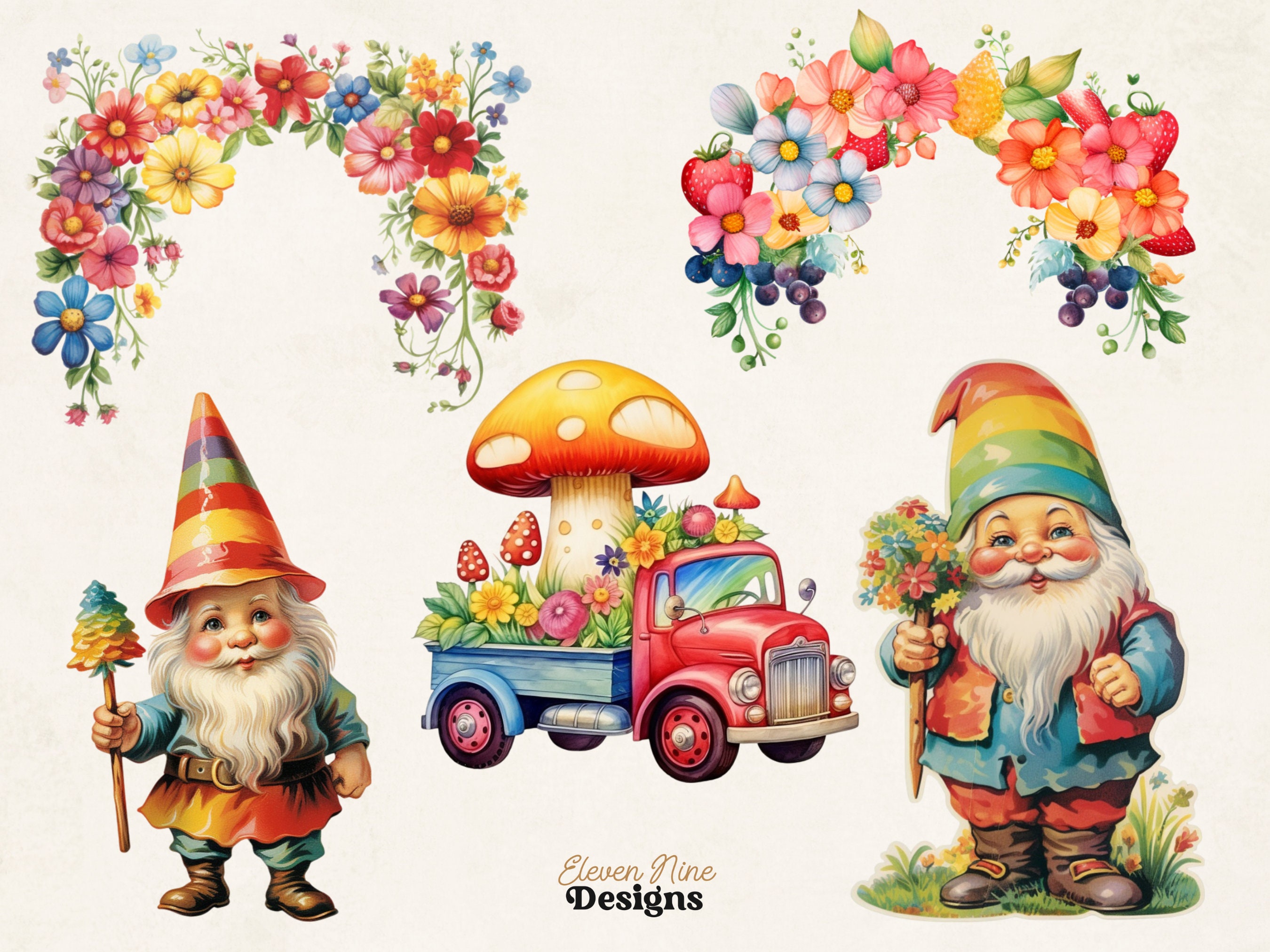 Rainbow Gnomes Clipart, Cute Gnome PNG, Rainbow Clipart, Floral and ...