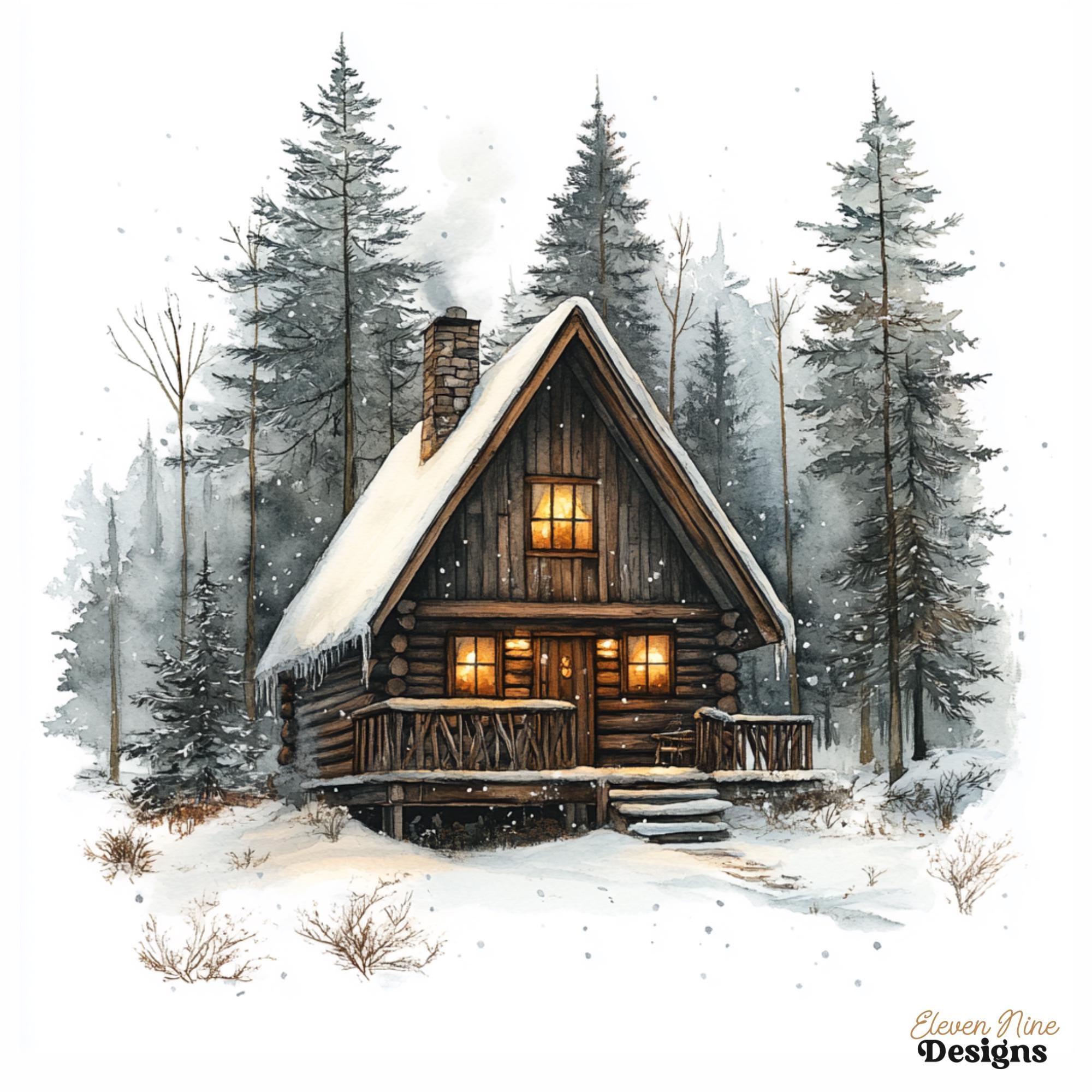 Winter Cabin JPG Clipart, Christmas Cottage Illustrations, Snowy Ski ...
