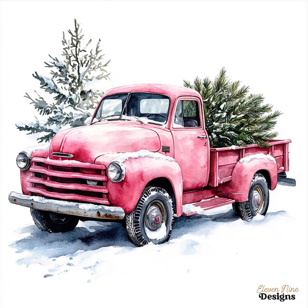 Watercolor Vintage Christmas Truck Clip Art, Red Pickup With Tree ...