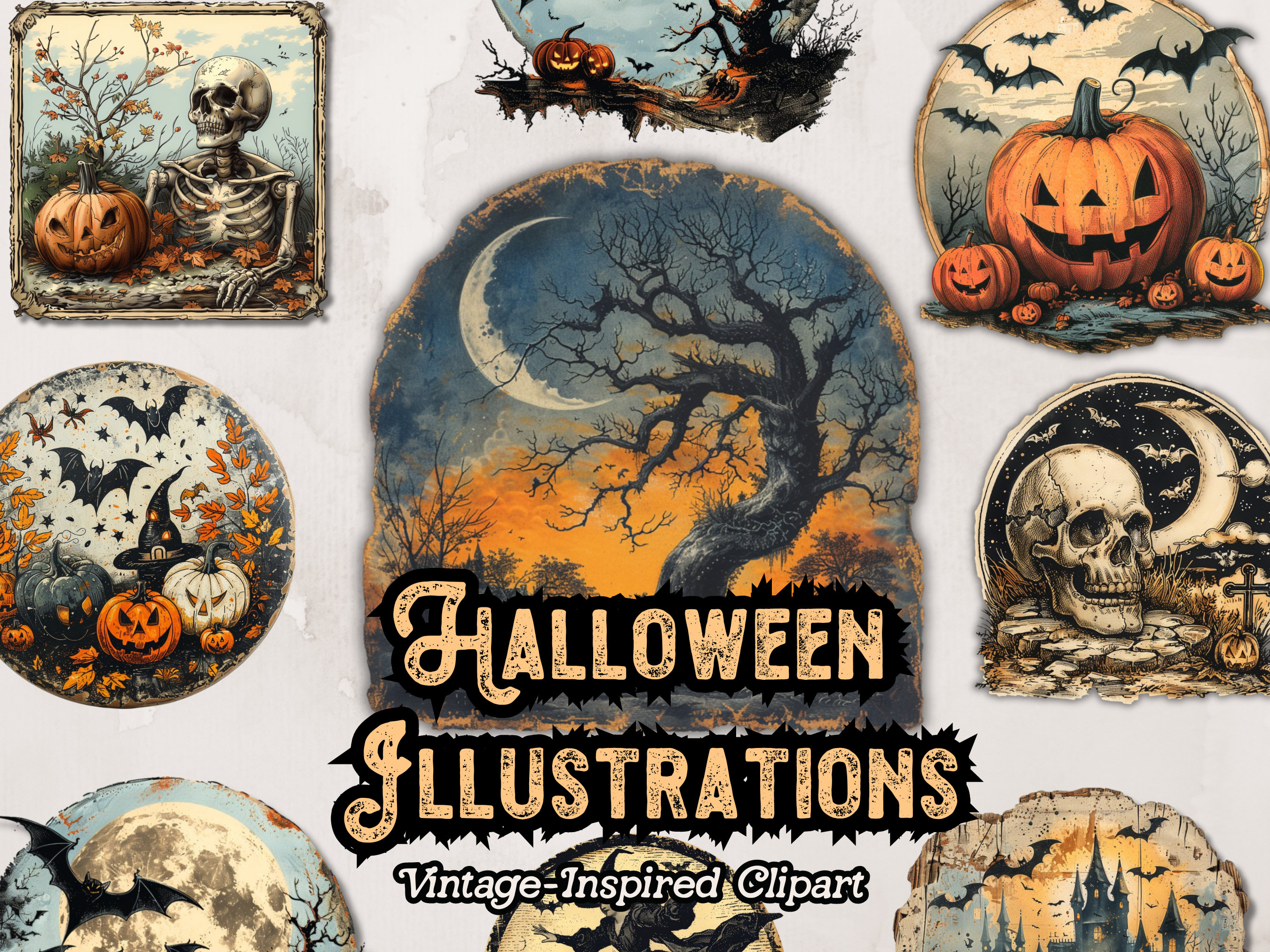 Vintage Halloween Clipart, Spooky Halloween Illustrations, Commercial ...