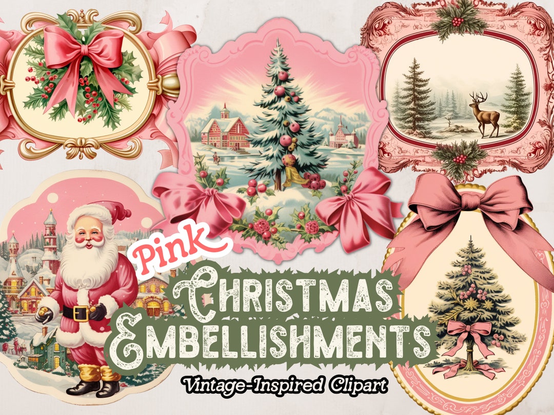Vintage Christmas Embellishments, Pink Christmas Stickers, Vintage ...