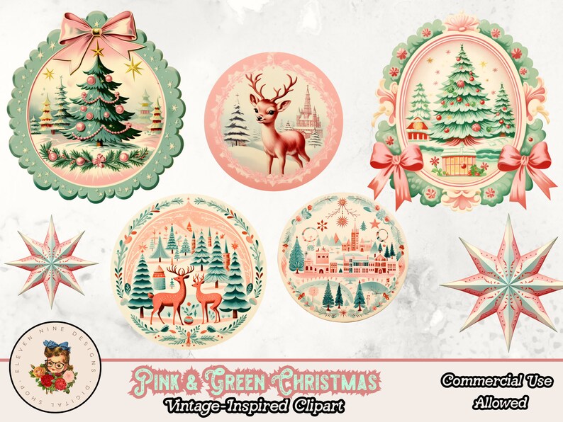 Vintage Christmas Clipart, Mint Green and Pink, Retro Pastel Christmas ...