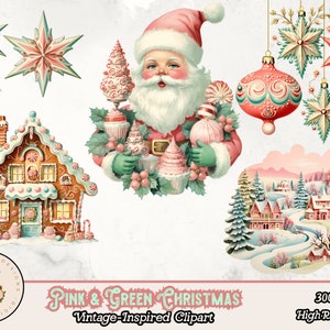Vintage Christmas Clipart, Mint Green and Pink, Retro Pastel Christmas ...