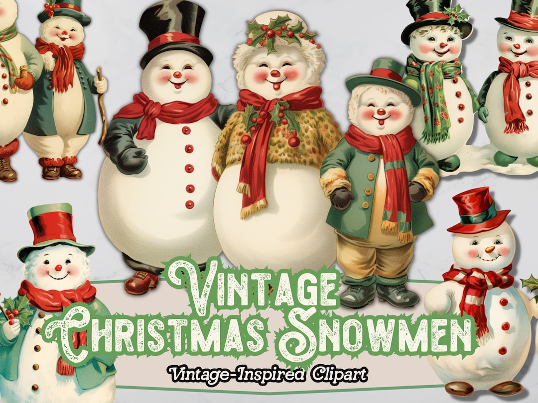 Christmas Snowmen Digital Clipart, Cute Snowmen Clipart PNG, Vintage ...